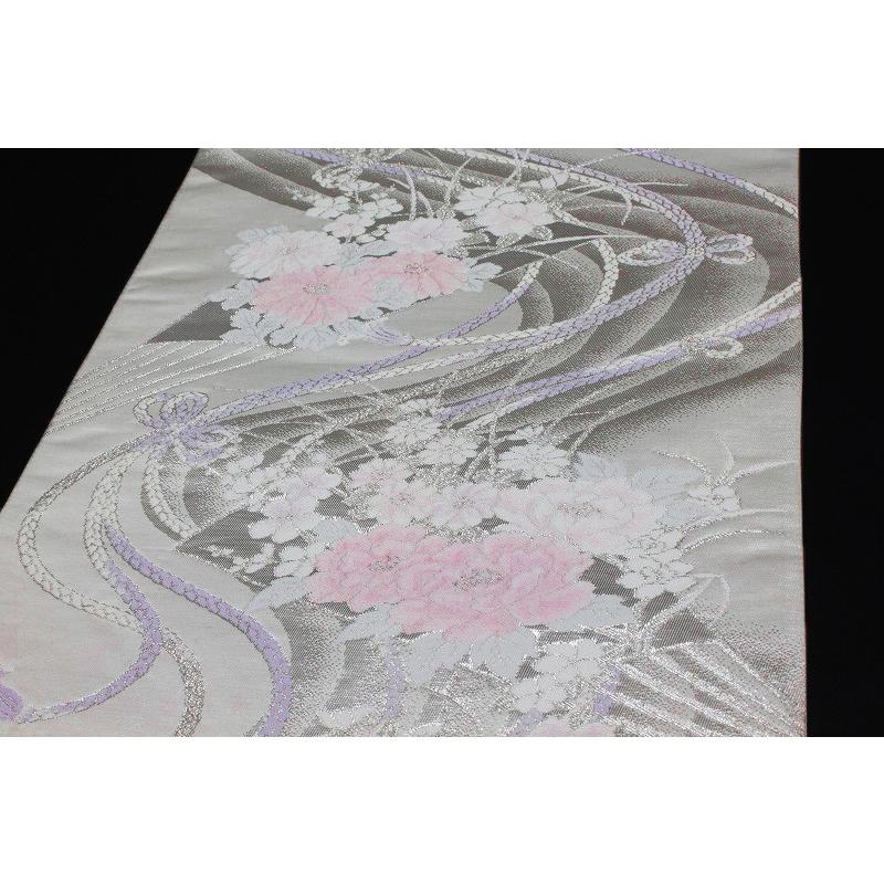 袋帯 リサイクル 中古 唐織 銀糸 銀 シルバー 白 薄ピンク 薄紫 菊 組紐 引き箔 結婚式 礼装用 フォーマル 和装 着物 y1073 ...