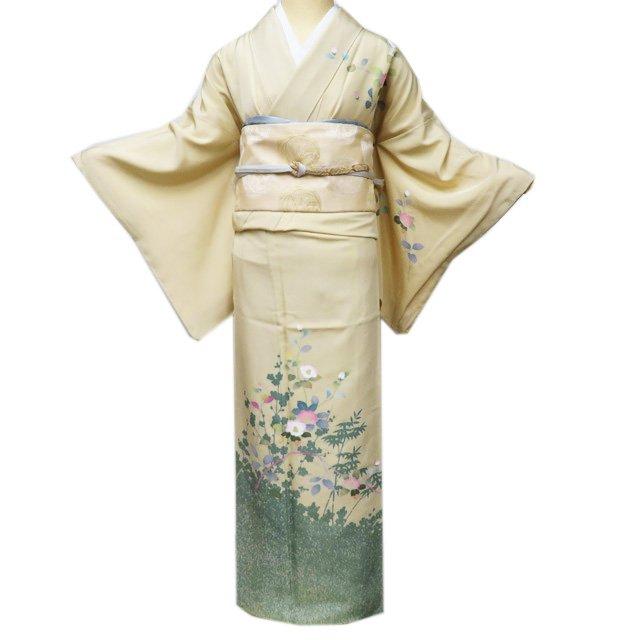 訪問着 着物 中古 正絹 袷 フォーマル 作家物 落款 花の図 反端付き 淡黄色 多色 身丈164cm 裄65cm L きもの北條 A1055-10 : 着物 中古 リサイクル 帯の きもの ...