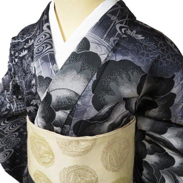 特選 小紋 着物 中古 正絹 袷 カジュアル 花模様 牡丹 秋草 流水 黒色 鼠色 身丈163.5cm 裄68.5cm L きもの北條 A1092-5 : a1092-5 : 着物 中古 ...