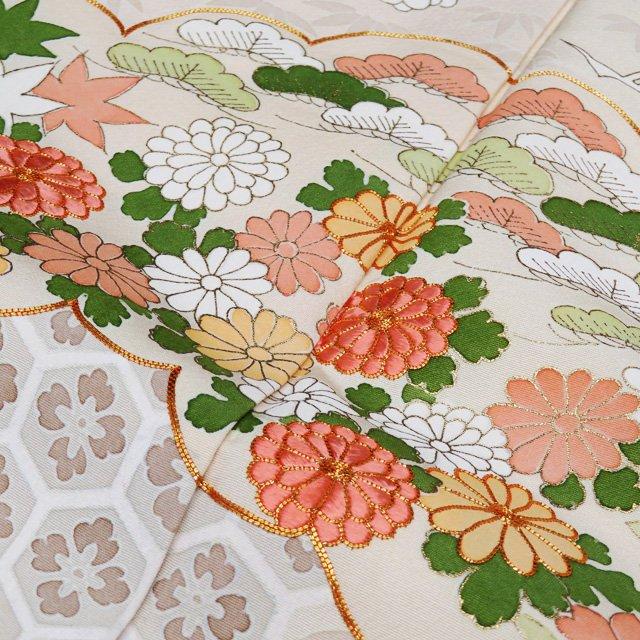 色留袖 着物 中古 袷 フォーマル 本加工 紋付 一つ紋 松竹梅 菊 紅葉 金駒刺繍 鳥の子色 身丈164cm 裄66.5cm L きもの北條 A829-5 :A829-5:きもの 北條 ...