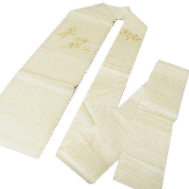 名古屋帯 なごや帯 中古 リサイクル 正絹 カジュアル 仕立て上がり お太鼓柄 植物と鳥の図 生成色 金 きもの北條 A868-10 : a868-10 : 着物 中古 リサイクル 帯の ...