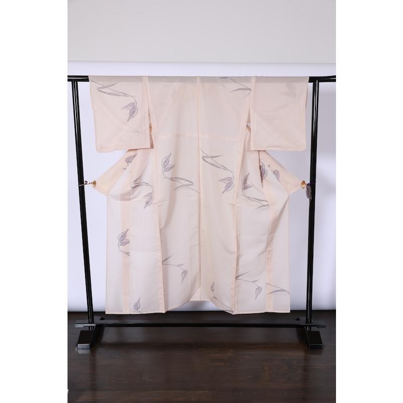 小紋 紋紗 西陣 ベージュ グレー 葉 A448 : キモノリザーブEC - 通販 - Yahoo!ショッピング