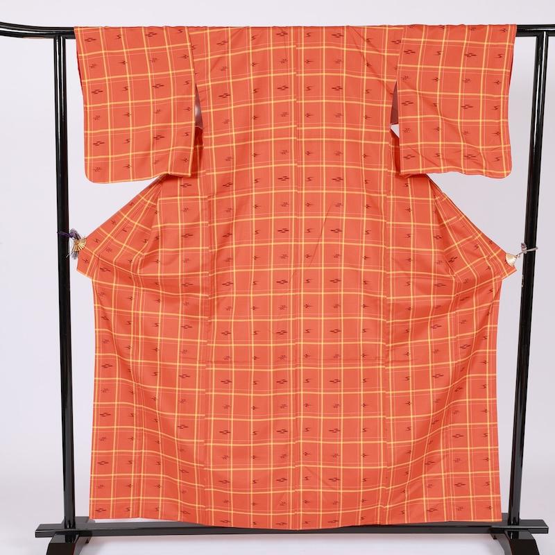 紬 西陣 オレンジ 黄 黒 格子 燕 B385 : b385 : キモノリザーブEC - 通販 - Yahoo!ショッピング