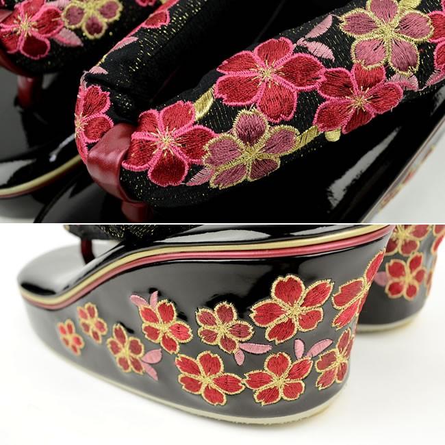 kimono cafe（キモノカフェ） 振袖 草履 ヒール草履 桜ラメ刺繍 黒