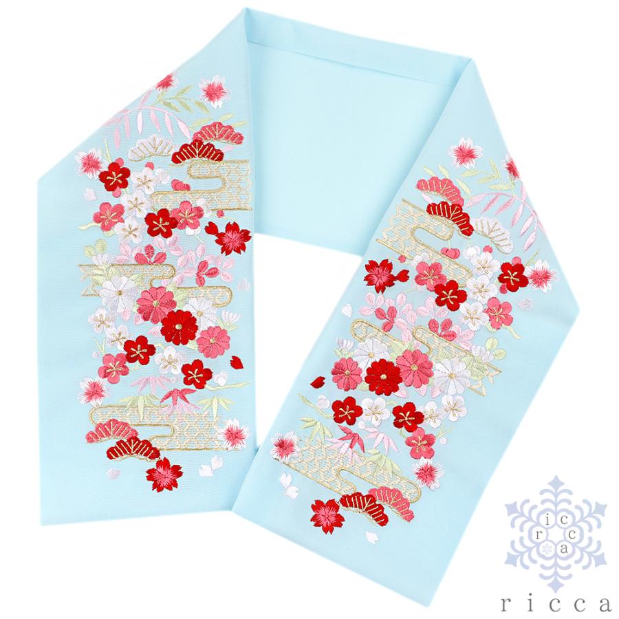 半衿 半襟 振袖 成人式 刺繍 薄水色地 赤 ピンク 薄ピンク色 白 薄黄緑 金 金糸 オフホワイト パステルカラー 松竹梅 桜 菊 霞 No.10-5233 : 六華ricca - 通販 ...