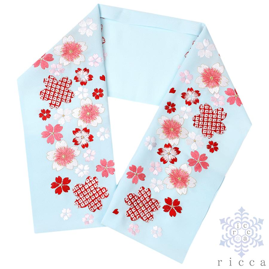半衿 半襟 振袖 成人式 刺繍 薄水色地 赤 ピンク 白 金 金糸 オフホワイト パステルカラー 桜 鹿の子 さくら 和柄 京和彩 おし No.10-5263 : 六華ricca - 通販 ...
