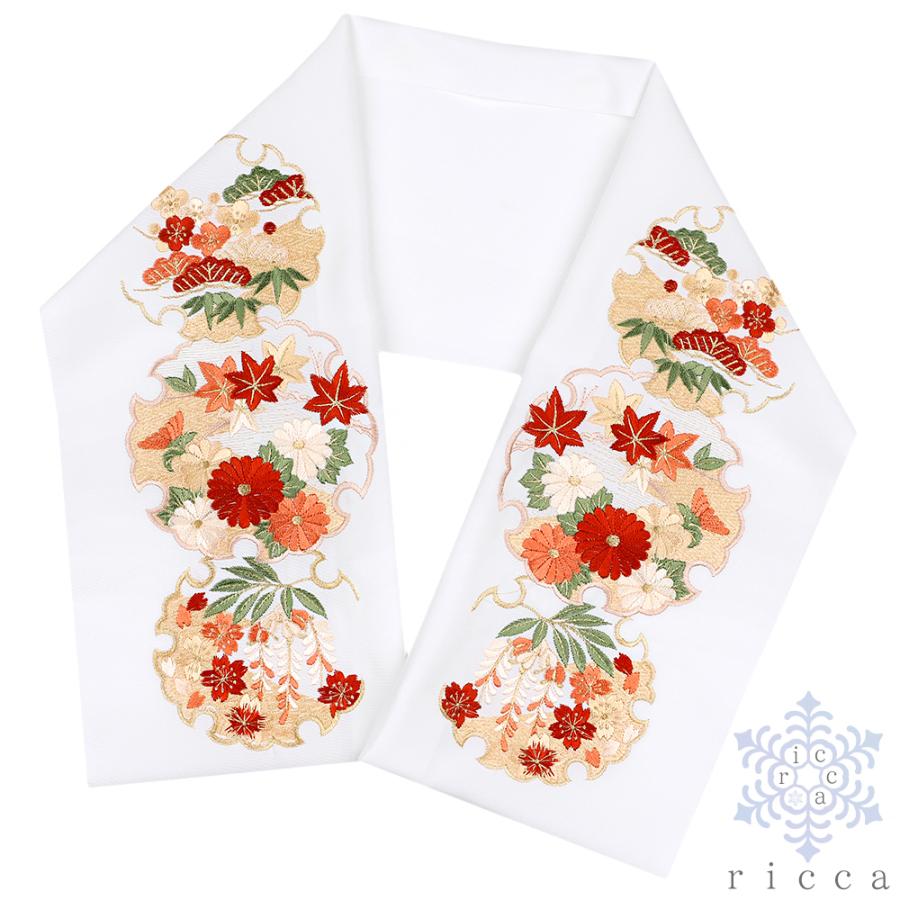 半衿 半襟 振袖 成人式 刺繍 白地 赤 ベージュ サーモンピンク 紅葉色 橙 白 金 金糸 オフホワイト 松竹梅 桜 菊 藤 雪輪 楓 紅 No.10-5306 : 六華ricca - 通販 ...
