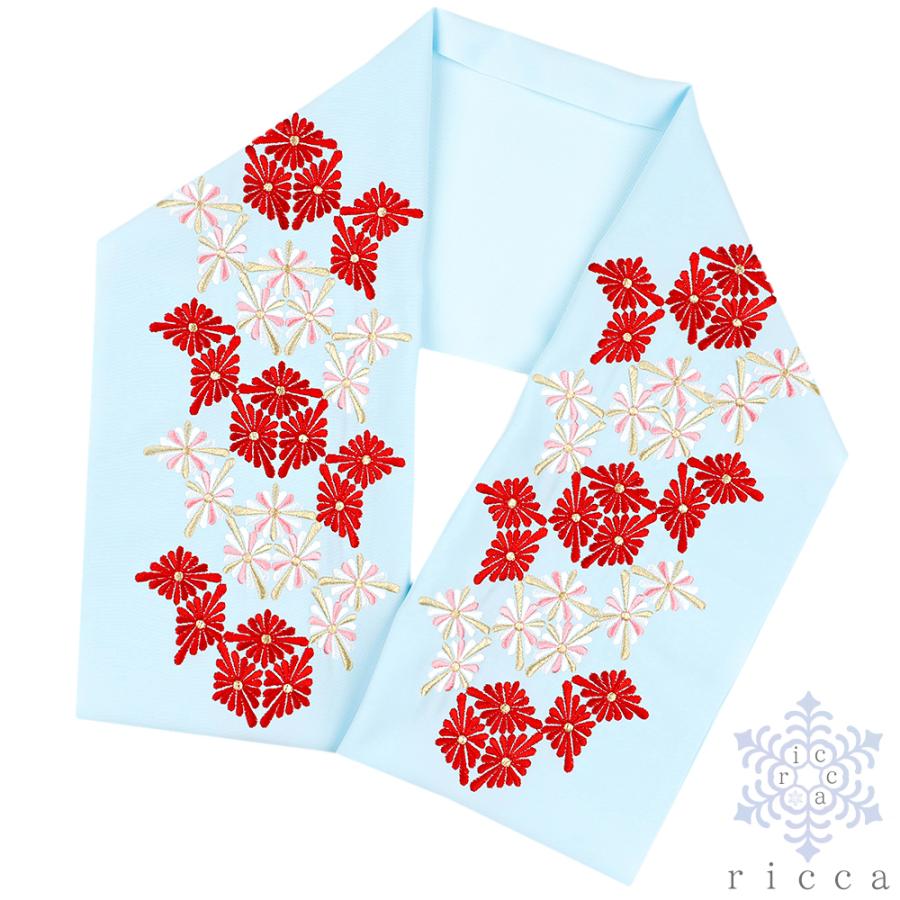 半衿 半襟 振袖 成人式 刺繍 薄水色地 赤 ピンク 薄ピンク色 白 薄黄緑 金 金糸 オフホワイト パステルカラー 菊 菊菱 菱 文様 No.10-5356 : 六華ricca - 通販 ...