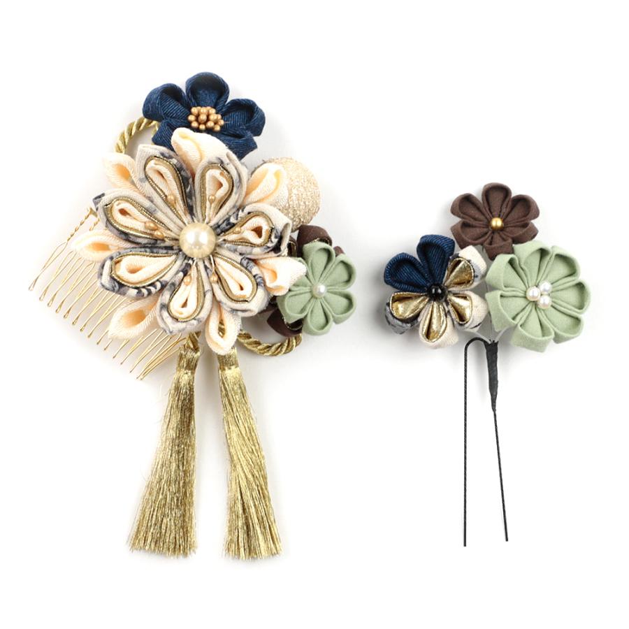髪飾り 成人式 つまみ細工 振袖 袴 花 2点セット 生成り オフホワイト 渋緑 カーキ 紺 ゴールド ちりめん 剣つまみ 組紐 房 玉 No.12-0347 : 六華ricca - 通販 ...