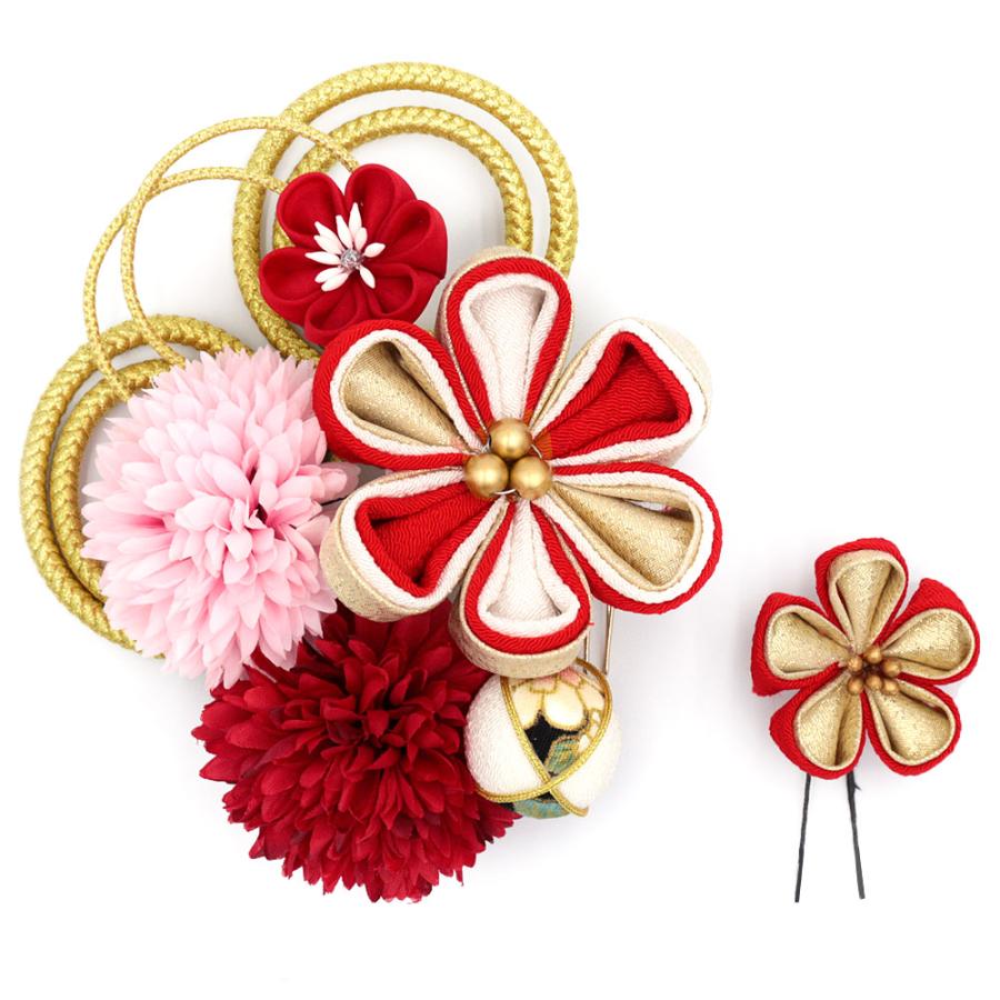 髪飾り 成人式 つまみ細工 振袖 袴 2点セット 花 赤 ゴールド ラメ オフホワイト 生成り ピンク ちりめん 組紐 玉飾り 和柄 No.12-0813 : 六華ricca - 通販 ...