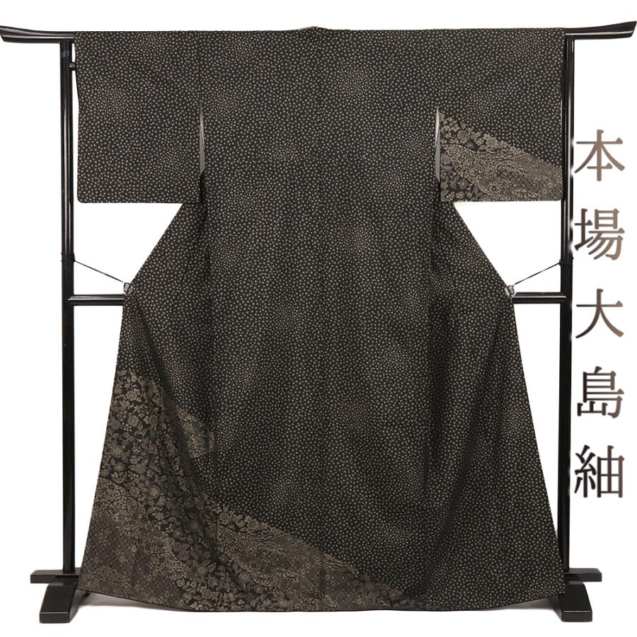 中古 本場 大島紬 着物 リサイクル 染大島 訪問着 正絹 黒地 こげ茶 花唐草 七宝 観世水 菊 桜 梅 カジュアル お洒落 身丈172cm 裄70.5cm Lサイズ No.3-0549 ...