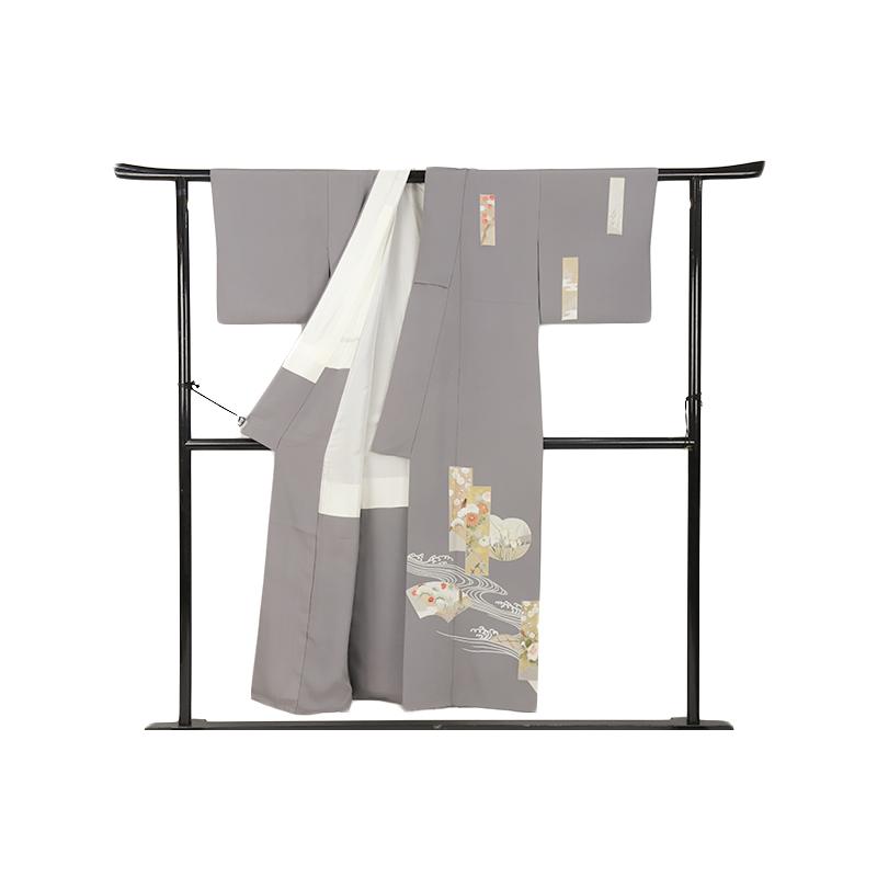 中古 訪問着 正絹 ちりめん 灰色 菊 桜 桔梗 椿 地紙 波 流水 渦 着物 リサイクル お洒落 結婚式 フォーマル 礼装用 身丈153.5cm 裄63cm Lサイズ No.3-0591 ...