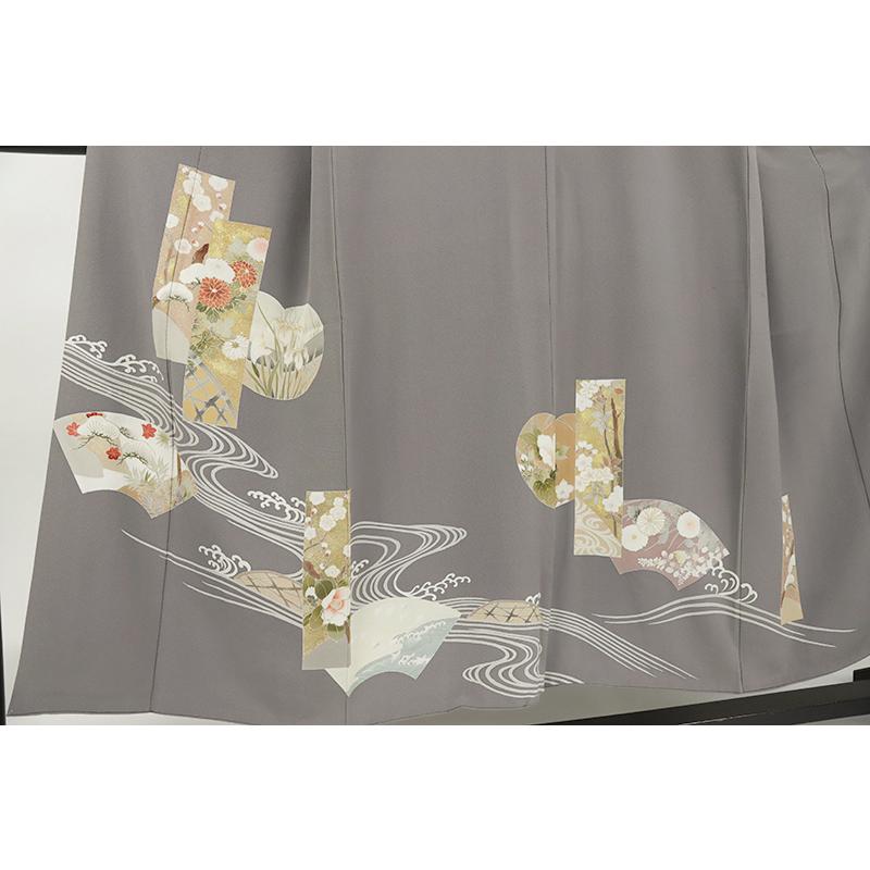 中古 訪問着 正絹 ちりめん 灰色 菊 桜 桔梗 椿 地紙 波 流水 渦 着物 リサイクル お洒落 結婚式 フォーマル 礼装用 身丈153.5cm 裄63cm Lサイズ No.3-0591 ...
