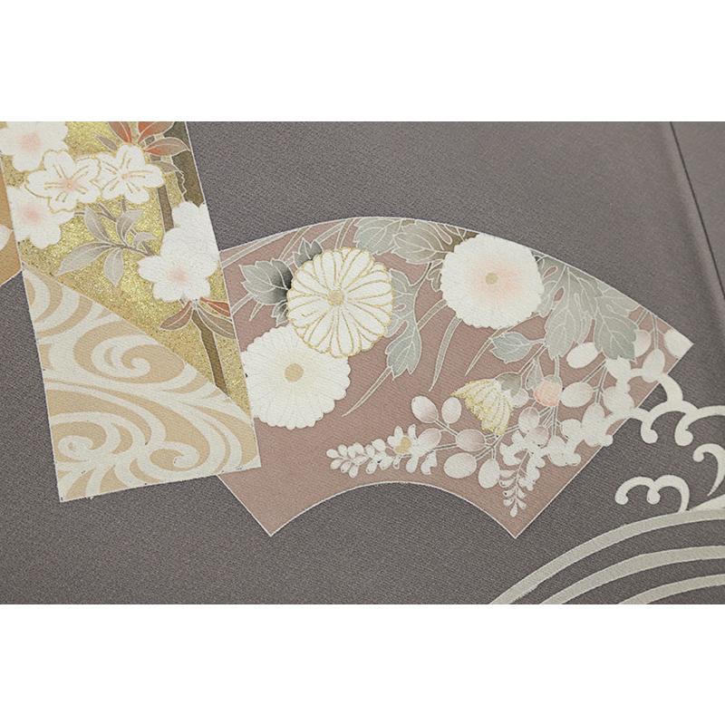 中古 訪問着 正絹 ちりめん 灰色 菊 桜 桔梗 椿 地紙 波 流水 渦 着物 リサイクル お洒落 結婚式 フォーマル 礼装用 身丈153.5cm 裄63cm Lサイズ No.3-0591 ...