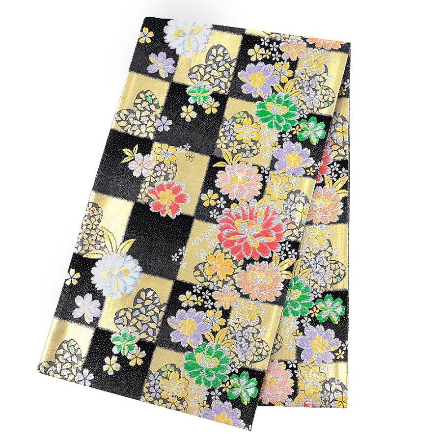 中古 袋帯 振袖用 リサイクル 正絹 黒 金 桜 菊 花びら 格子 市松 唐織 金糸 銀糸 結婚式 礼装用 フォーマル 仕立て上がり No.6-1593 : 六華ricca - 通販 ...