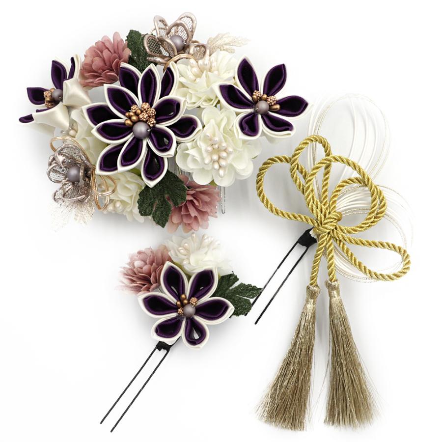 髪飾り 成人式 振袖 3点セット つまみ細工 剣つまみ 紫 白 ゴールド 房付き 組紐 水引 造花 レース 大きい 小さい コーム 和装 No ...