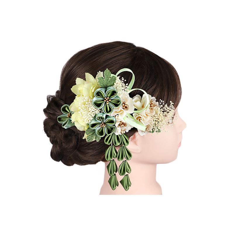 髪飾り 成人式 振袖 3点セット 緑 青緑 黄色 白 つまみ細工 さがり 水引 かすみそう 和柄 ビーズ コーム Uピン 京あそび 西陣 No.9-5333 : 六華ricca - 通販 ...