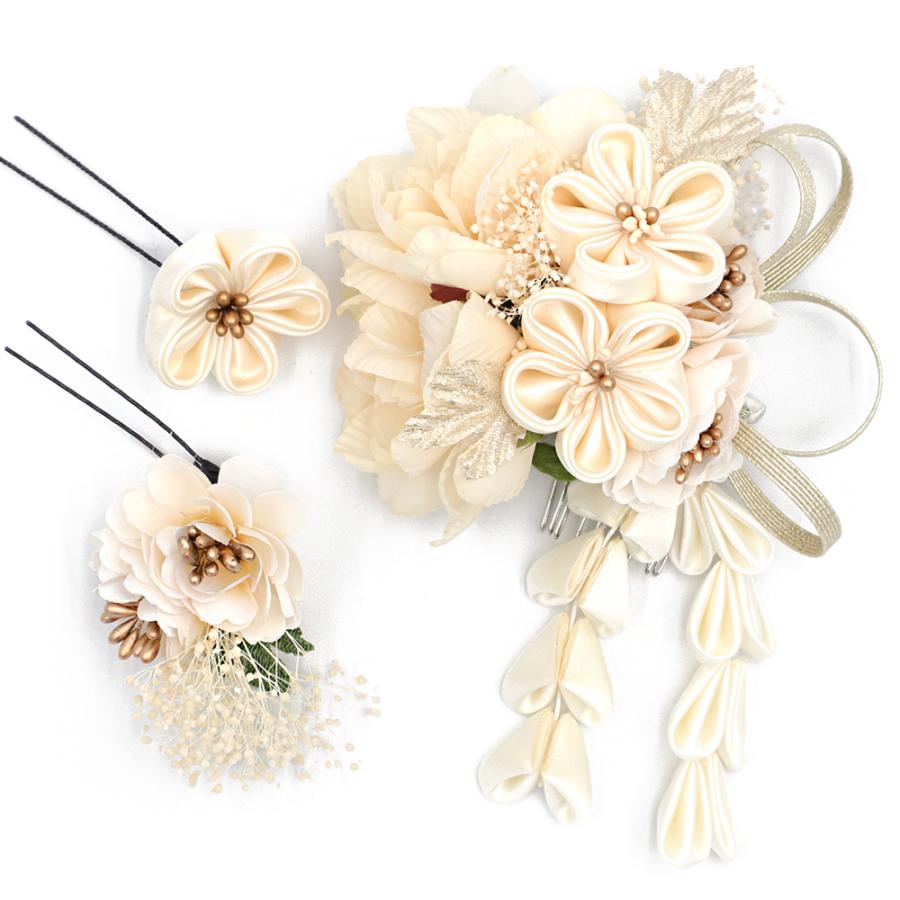 髪飾り 成人式 振袖 3点セット つまみ細工 白 クリーム ゴールド ラメ さがり 造花 かすみそう 水引 和風 大きい 小さい コーム No.9-5343 : 六華ricca - 通販 ...