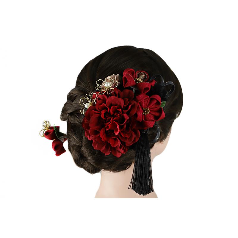 髪飾り 成人式 つまみ細工 赤 ゴールド 振袖 袴 花 黒 ピンク ちりめん 組紐 房 パールビーズ 大きい 小さい 2点セット着物 和 No.9-5356 : 六華ricca - 通販 ...