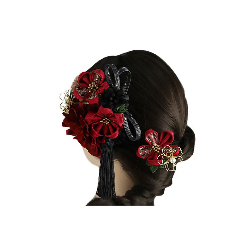 髪飾り 成人式 つまみ細工 赤 ゴールド 振袖 袴 花 黒 ピンク ちりめん 組紐 房 パールビーズ 大きい 小さい 2点セット着物 和 No.9-5356 : 六華ricca - 通販 ...