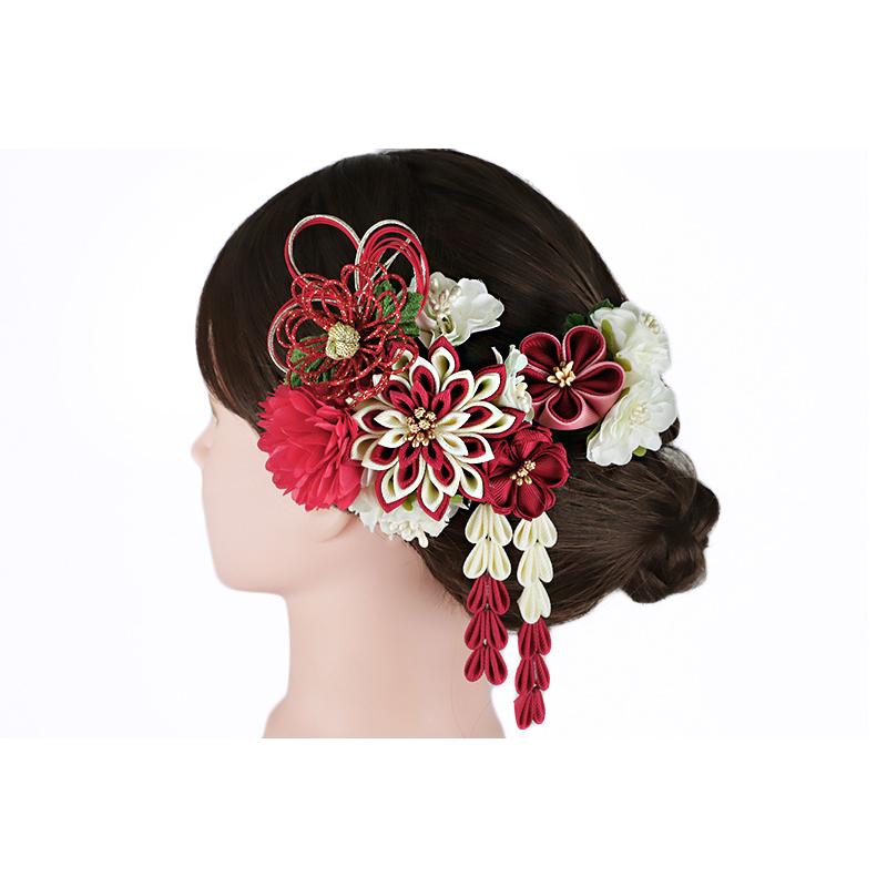 髪飾り 成人式 振袖 2点セット 赤 ピンク ワインレッド 白 緑 ゴールド つまみ細工 剣つまみ さがり 水引 和柄 ビーズ コーム No.9-5363 : 六華ricca - 通販 ...