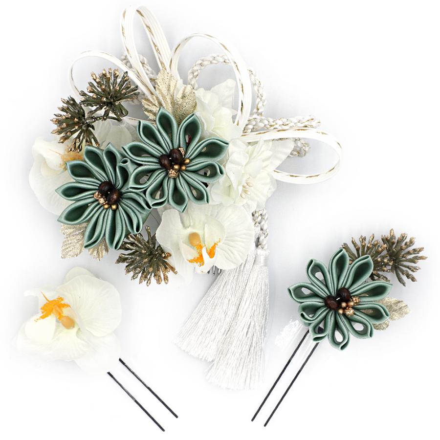 髪飾り 成人式 振袖 3点セット 緑 エメラルド 白 ゴールド つまみ細工 剣つまみ 房付き 組紐 造花 レース リボン かすみそう 大 No.9-5371 : 六華ricca - 通販 ...