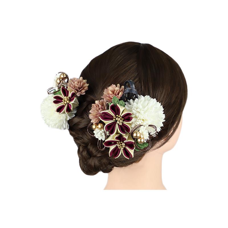 髪飾り 成人式 振袖 3点セット 赤紫 ワインレッド 白 ピンク つまみ細工 組紐 水引 パールビーズ 鞠菊 造花 大きい 小さい コー No.9-5465 : 六華ricca - 通販 ...