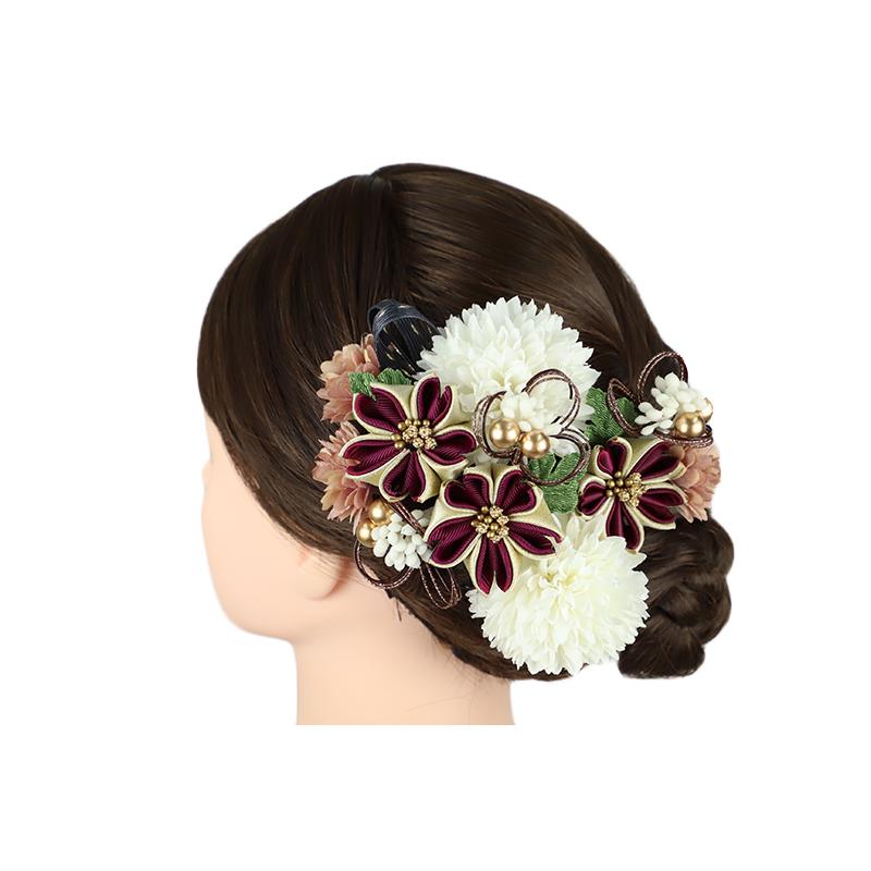 髪飾り 成人式 振袖 3点セット 赤紫 ワインレッド 白 ピンク つまみ細工 組紐 水引 パールビーズ 鞠菊 造花 大きい 小さい コー No.9-5465 : 六華ricca - 通販 ...