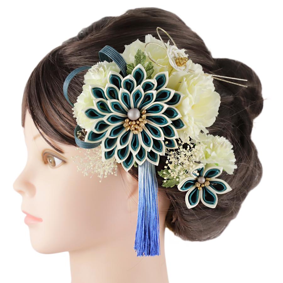 髪飾り 成人式 水引 つまみ細工 ゴールド 振袖 袴 花 緑 青 白 房 組紐 かすみそう 大きい 小さい 2点セット 着物 和装 かんざ No.9-5568 : 六華ricca - 通販 ...