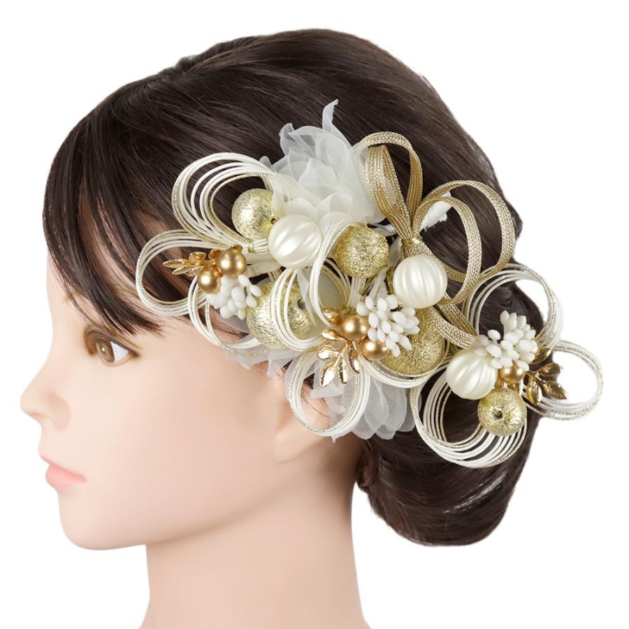 髪飾り 成人式 水引 ゴールド 振袖 袴 花 白 玉飾り 組紐 レース リーフ 大きい 小さい 2点セット 着物 和装 かんざし コーム U No.9-5597 : 六華ricca - 通販 ...