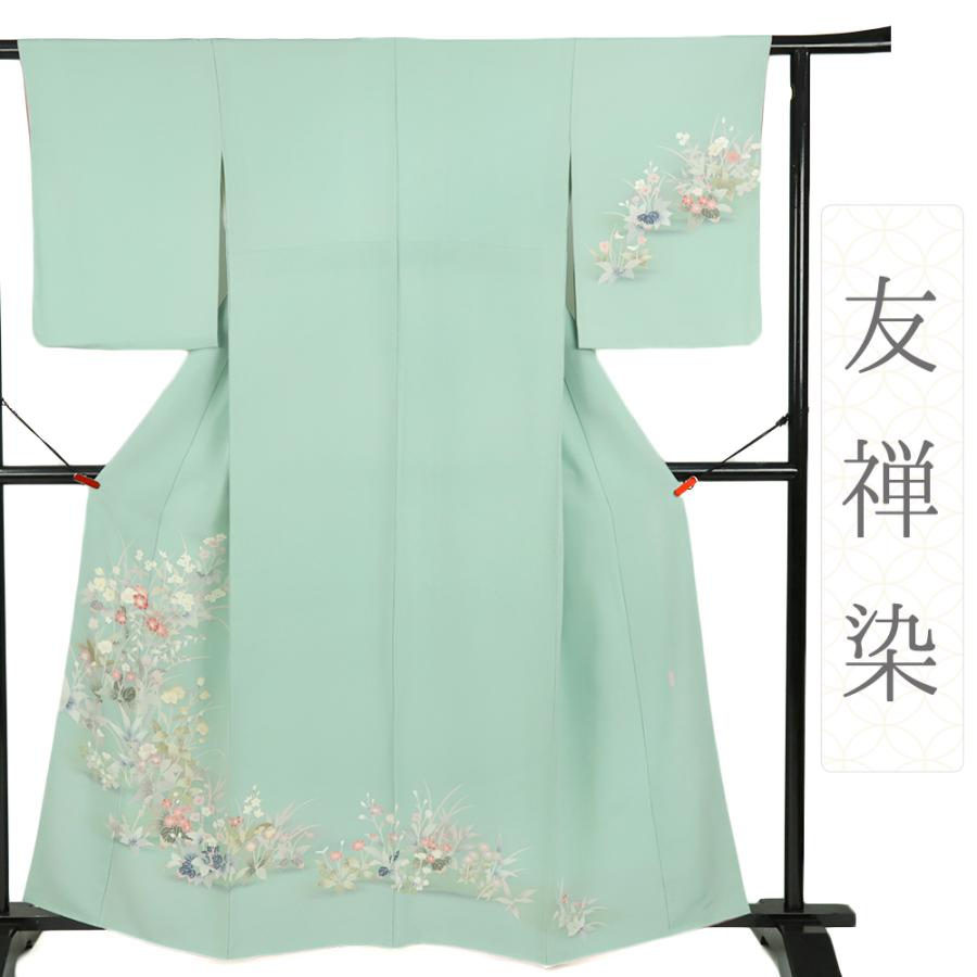 訪問着 七五三 中古 リサイクル 正絹 フォーマル 新古品 身丈165cm 裄66cm Lサイズ 黄緑 野花 菊 桔梗 すみれ 大きいサイズ No.i3-0641 : 六華ricca - 通販 ...