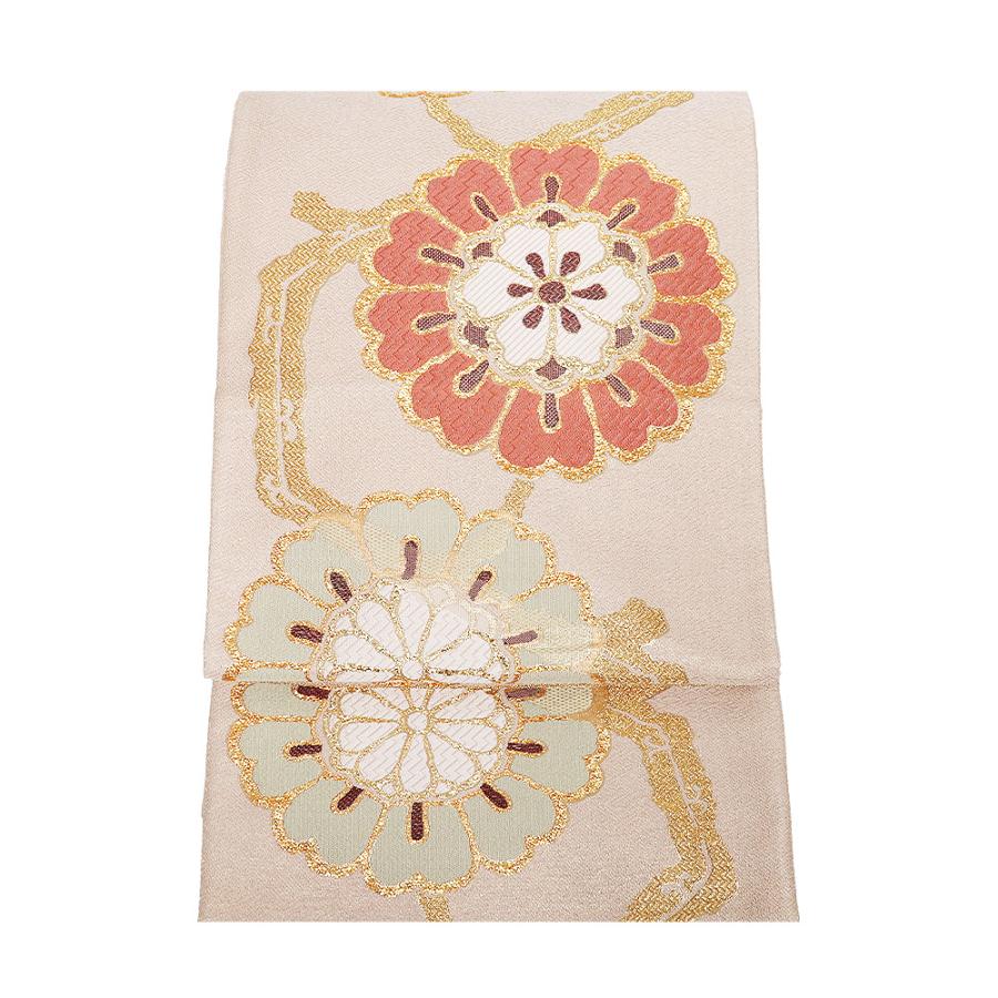 礼装用 袋帯 正絹 そくあや織 香彩菊花文 ベージュ 金 菊花文 Lサイズ F8378 美品 レディース シルク フォーマル ギフト 送料無料 ...