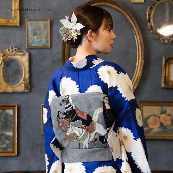KIMONOMACHI 洗える着物 セット「袷着物：矢羽根に菊 瑠璃色＋京袋帯