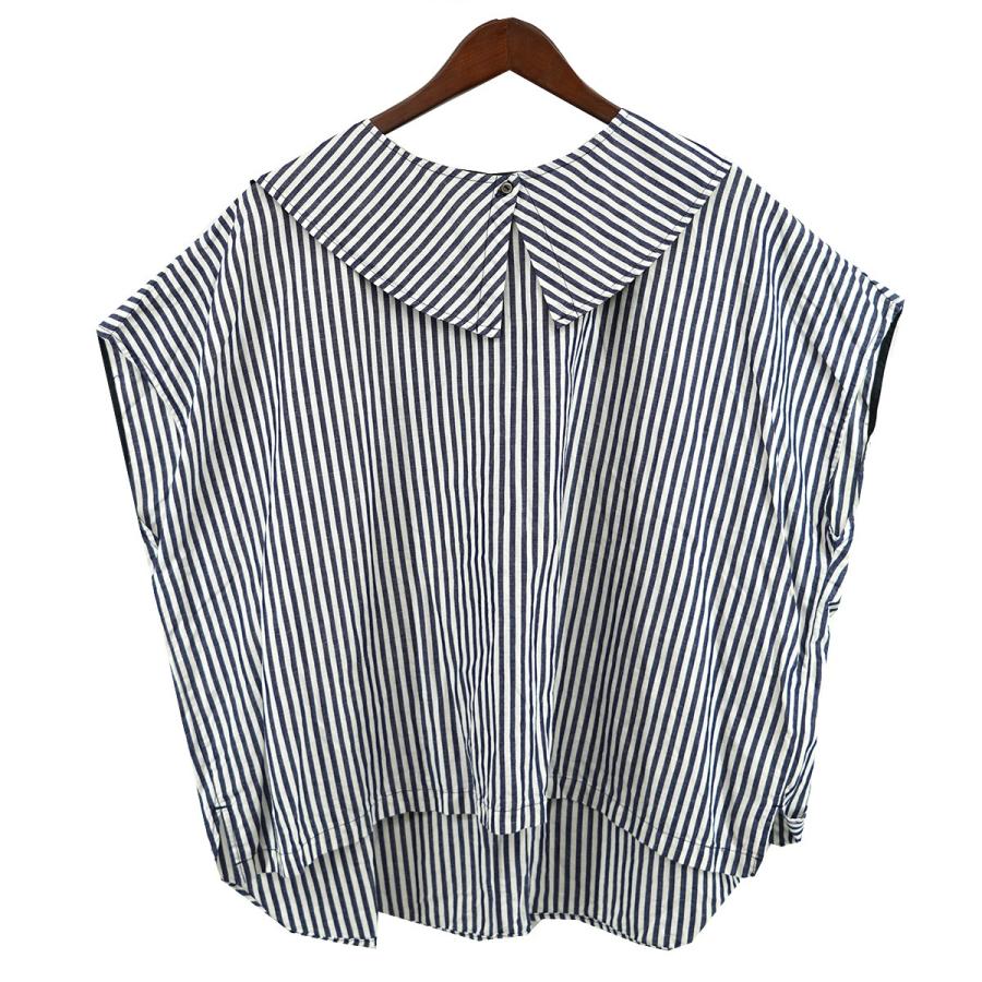 nest Robe ネストローブ 21SS リネン 付け襟 ストライプ ブラウス 半袖 シャツ ネイビー サイズ：F : カインドオルYahoo!店 - 通販 - Yahoo!ショッピング