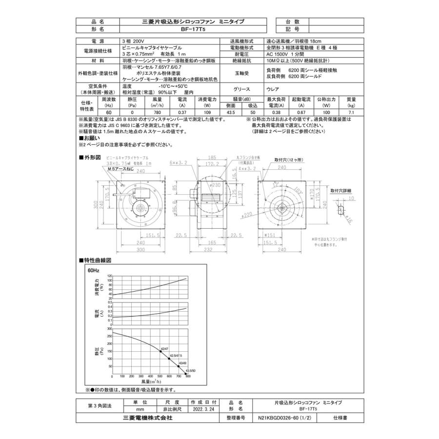 【BF-17T5】 《KJK》 三菱電機 片吸込形シロッコファン ミニタイプ静音形 ωτ0 : KJK - 通販 - Yahoo!ショッピング