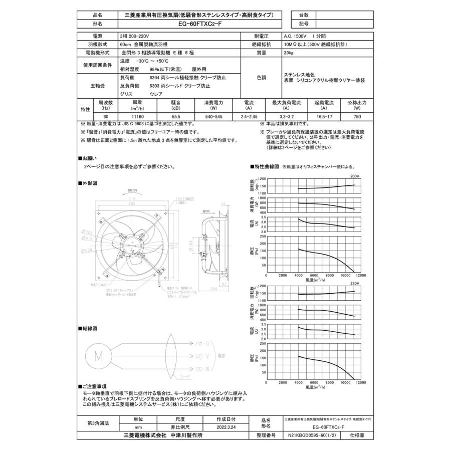 【EG-60FTXC2-F】 《KJK》 三菱電機 有圧換気扇 ステンレス高耐食タイプ 三相 排気形 ωτ0 : KJK - 通販 - Yahoo!ショッピング