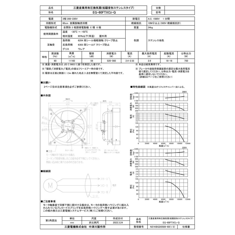 【EG-60FTXC2-Q】 《KJK》 三菱電機 有圧換気扇 低騒音ステンレスタイプ 三相 給気形 ωτ0 : KJK - 通販 - Yahoo!ショッピング