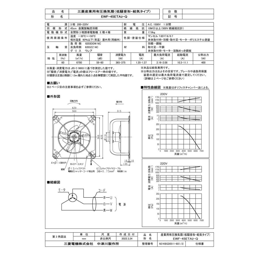 【EWF-45ETA2-Q】 《KJK》 三菱電機 有圧換気扇 低騒音給気専用 三相 ωτ0 : KJK - 通販 - Yahoo!ショッピング