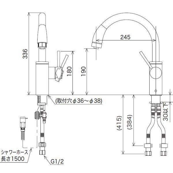 KVK 【KM708G】 《KJK》 流し台用シングルレバー式シャワー付混合栓 （シャワー引出し式） ωζ0 : KJK - 通販 - Yahoo!ショッピング