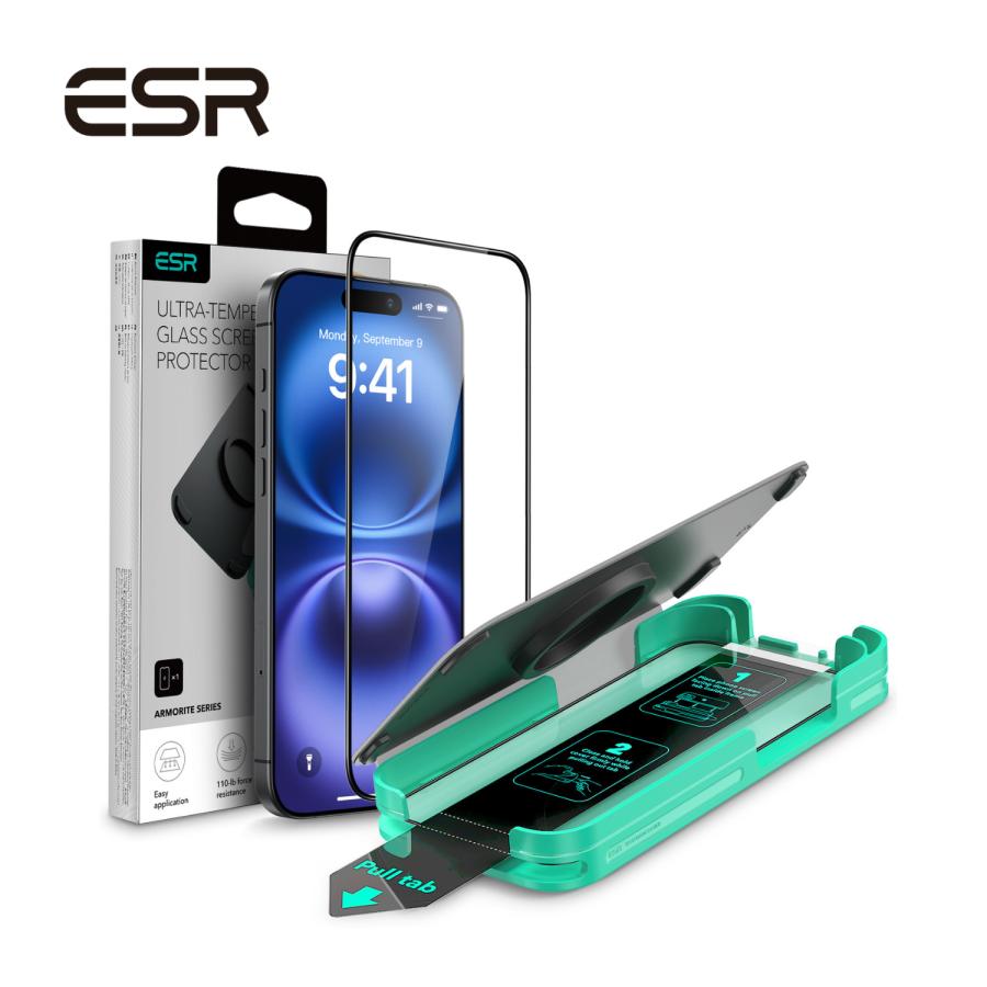 ESR iPhone 16/15 / 16 Plus Pro Max 保護フィルム 負荷耐性50kg 強化ガラス 取り付けフレーム Armorite Screen Protector【国内正規 ...