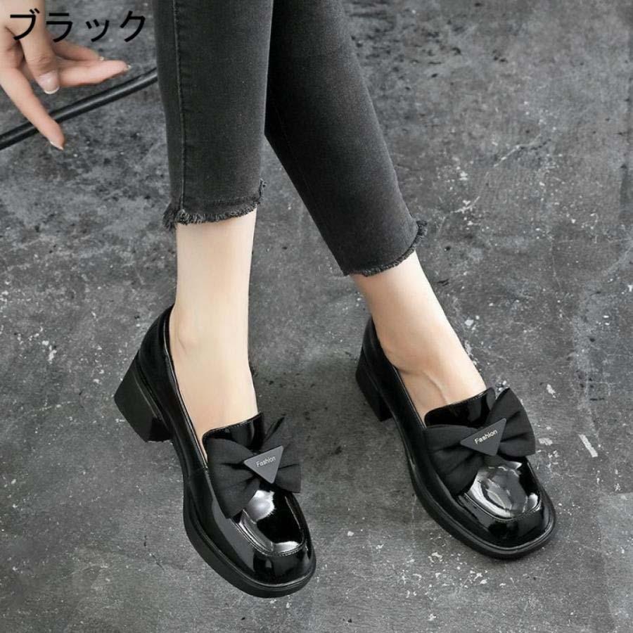 レディース チャンキーブロック ハイヒール ラウンドトゥ スリップオン ドレスローファー タッセルスエード付き エナメルレザー パッチワーク ...