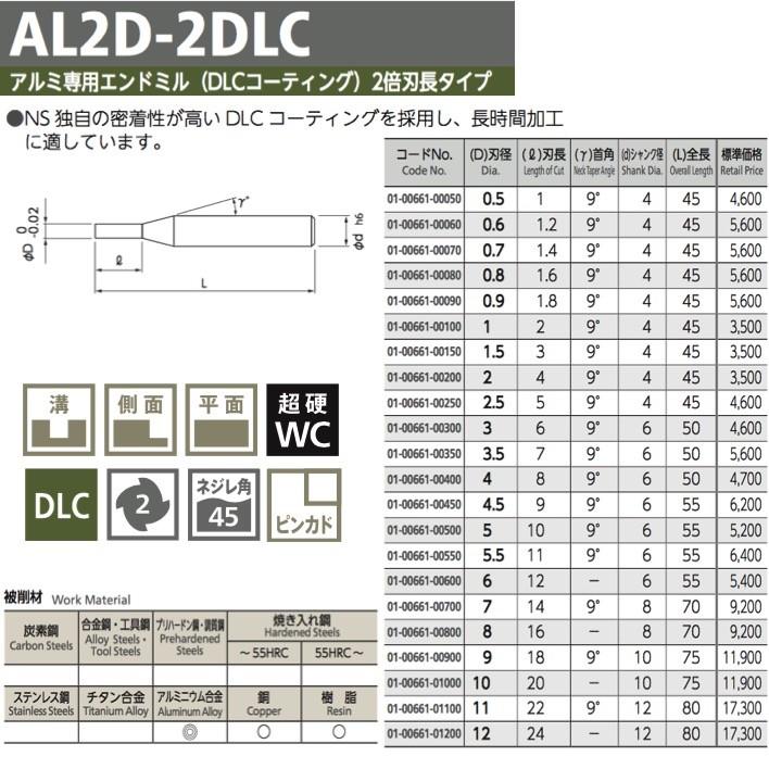 【定形外可】 NS 日進工具 AL2D-2DLC-2 アルミ専用エンドミル DLCコーティング 2倍刃長タイプ 01-00661-00200 : kh-nstool-al2d-2dlc-020 ...