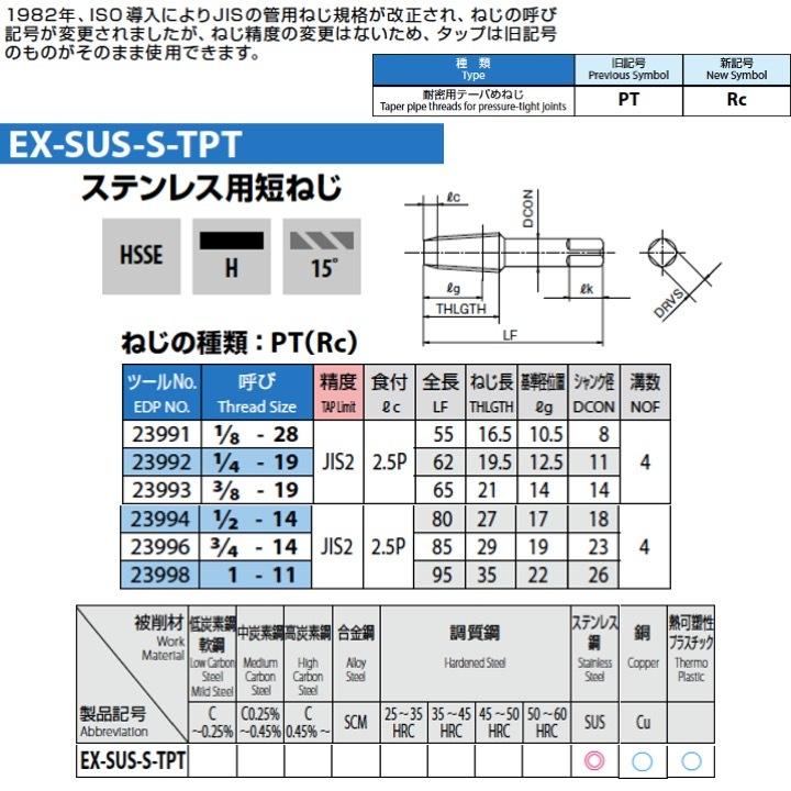 【定形外可】OSG EX-SUS-S-TPT 3/8-19 ステンレス用管用タップ PT(Rc)用 在庫区分D : 工具のひょうたん - 通販 - Yahoo!ショッピング