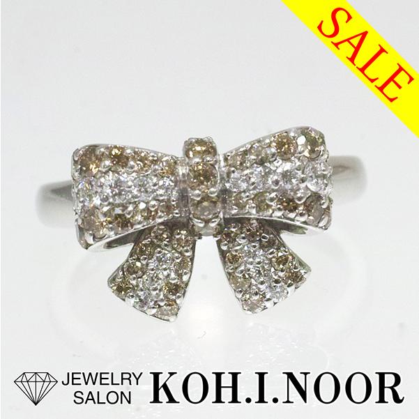 《SALE》ポンテヴェキオ ブラウンダイヤモンド 0.59ct ダイヤモンド 0.21ct 18金ホワイトゴールド K18WG リング 14号 Ponte Vecchio リボン ...