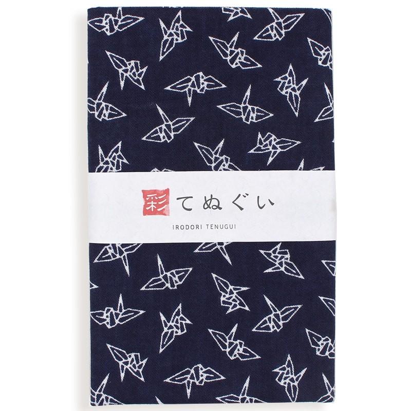 IRODORI 手ぬぐい 日本製 折鶴 紺 端がほつれない 和柄 小紋調 綿100% 乾きやすい 昔ながら タオル ハンカチ 彩 ...