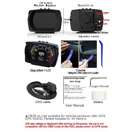 Heads Up Display Digital Speedometer, ACECAR Upgrade OBD2+GPS Mode Car HUD, with Tachometer ...
