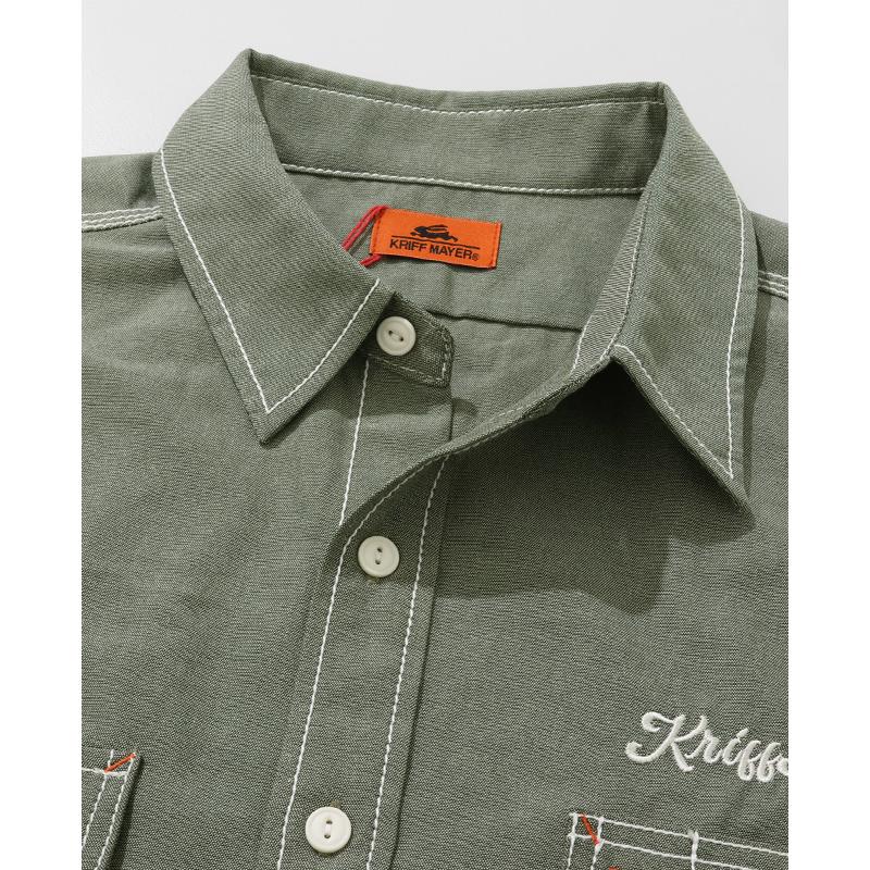 KRIFF MAYER クリフメイヤー メンズ ユニセックス ワークシャツ レギュラーカラー 刺繍 胸ポケット アメカジ 夏 シャンブレー ...