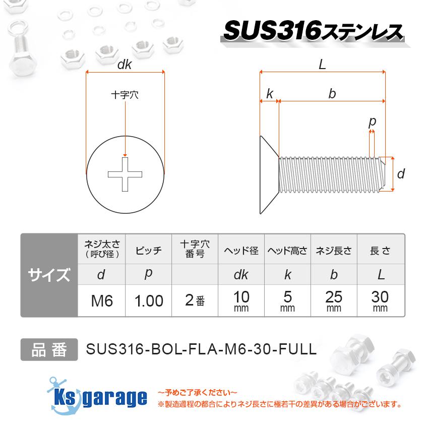 SUS316 ステンレス ボルト M6×30 P1.00 （20本セット） 皿ボルト 全ネジ 船 ボート 船舶 艤装用 金具固定 ネジ マリングレード ステンレス : sus316-bol ...