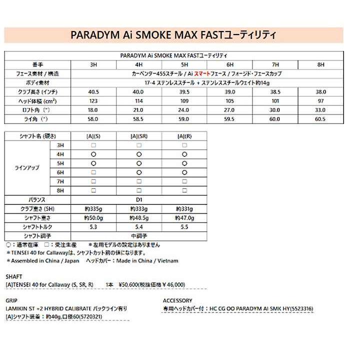 Ai SMOKE ★激安新品★ PARADYM MAX FAST ユーティリティ 5U 24° TENSEI 40 for Callaway (R) 5H パラダイム エーアイ スモーク ...