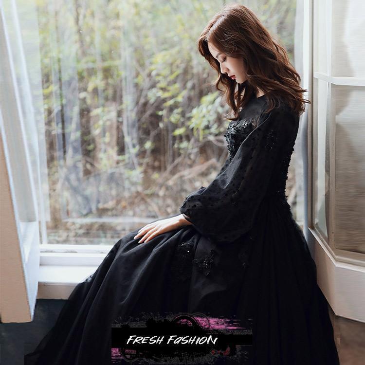 イブニングドレス ロングドレス 黒 パフスリーブ 長袖 発表会ドレス ブラック キラキラ スパンコール 花柄 ビーズ キレイめ パーティードレス Aライン 演奏会 : 0304-f610 ...